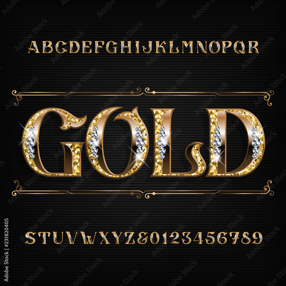Ornate gold alphabet font. Jeweler golden letters and numbers with ...