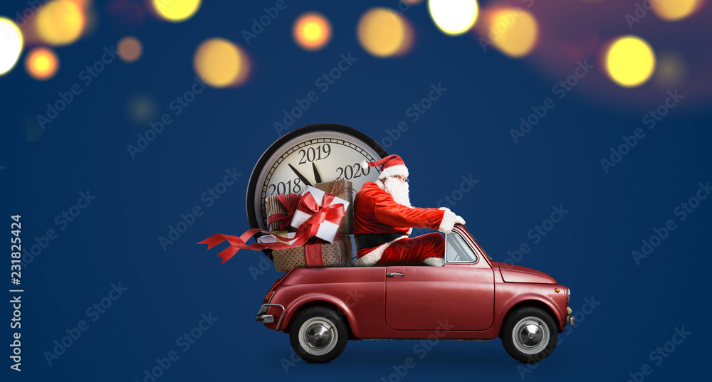 Christmas countdown arriving. Santa Claus on car delivering New Year ...