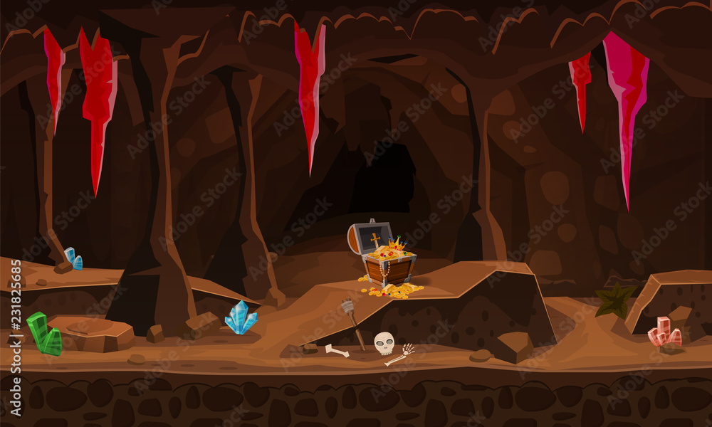 Treasure cave with chest gold coins, gems, crystals. Concept, art for ...
