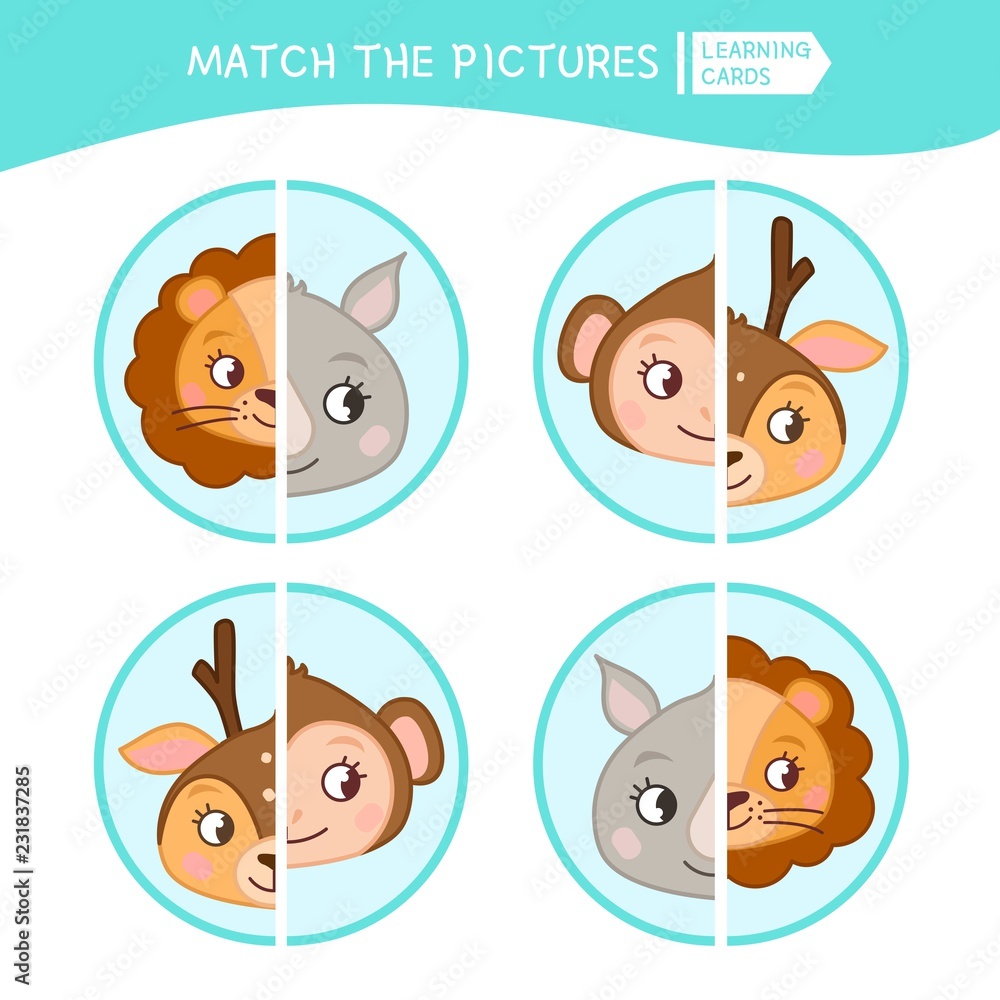 Matching children educational game. Match parts of cartoon animals ...