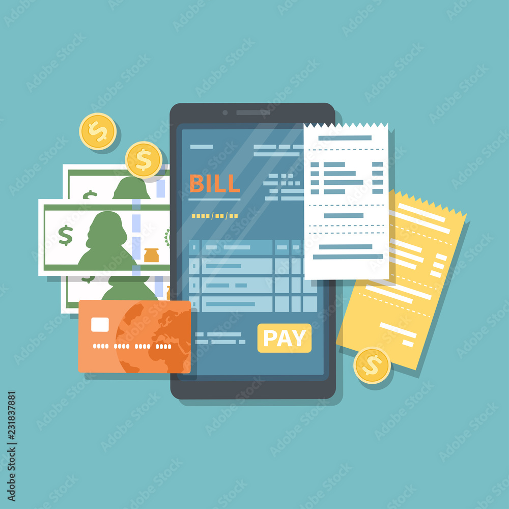 Bill on the phone screen with pay button. Online payment of goods ...