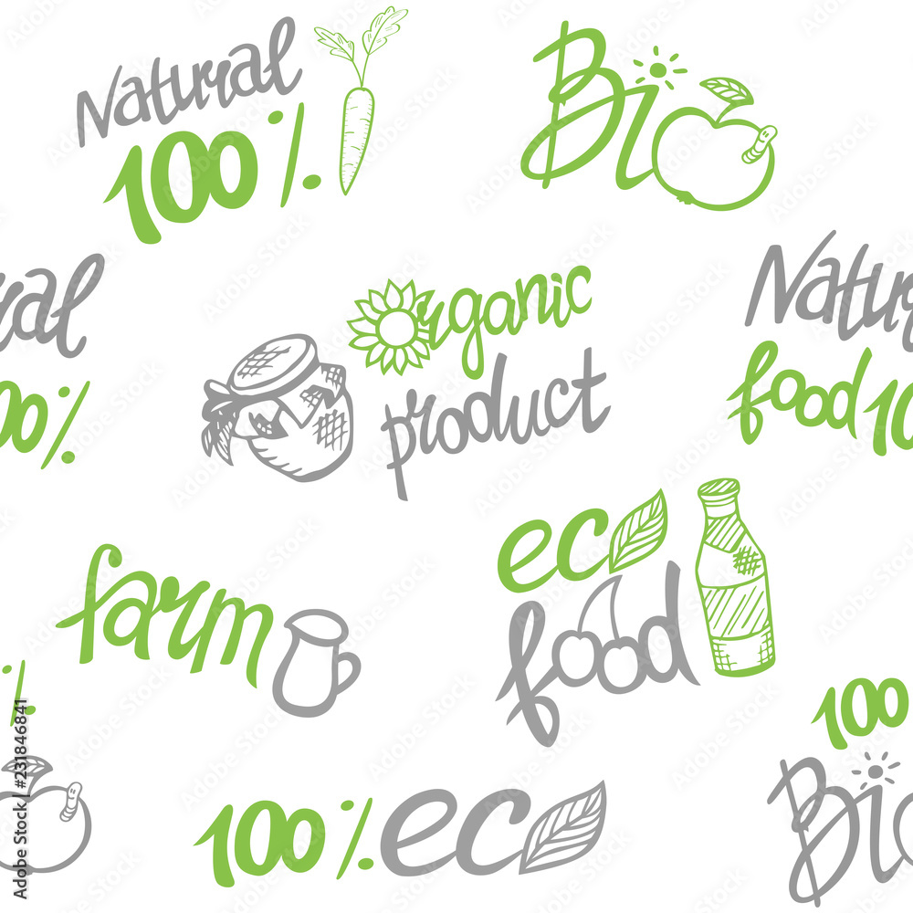 Seamless pattern of organic food and natural products. Farming and ...