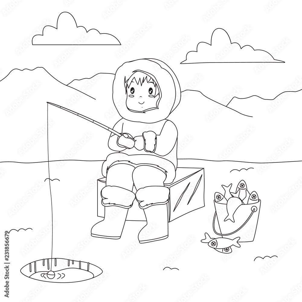 Eskimo man fishing through the ice hole, cartoon vector. Coloring page ...