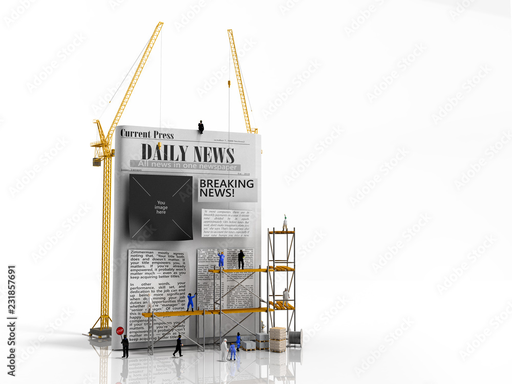 news building concept builders stick newspaper columns on a blank ...