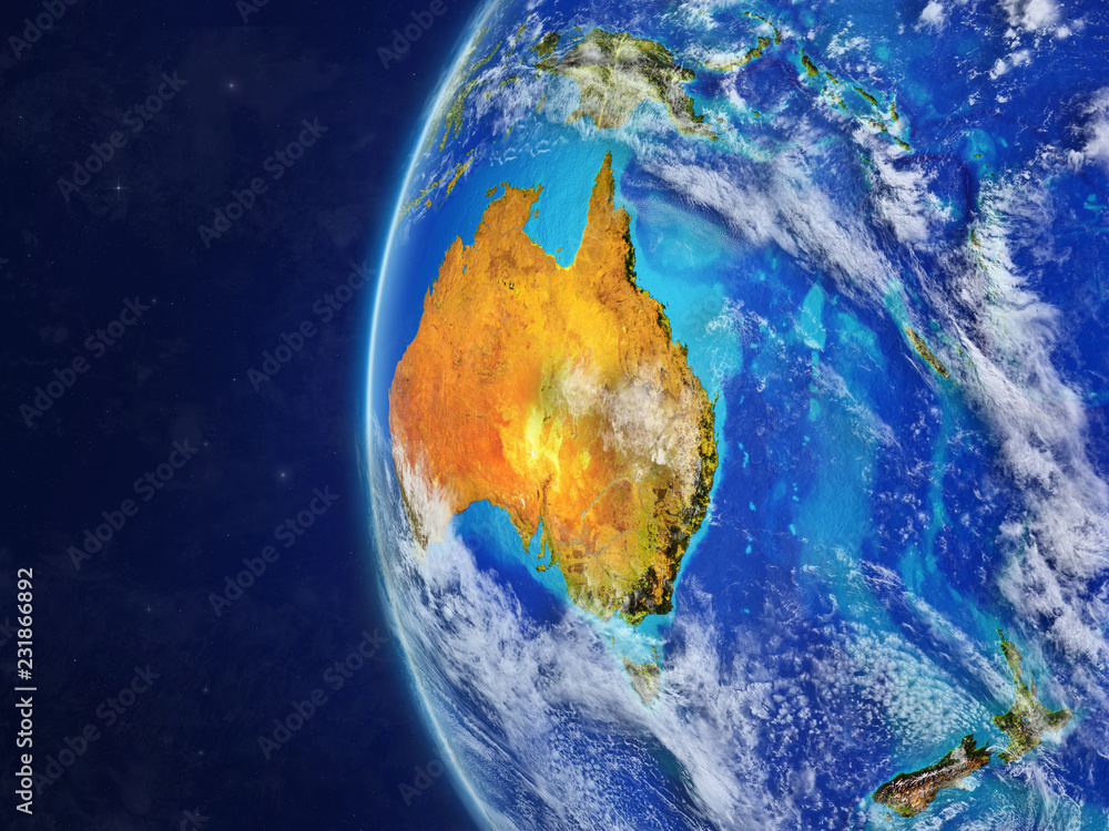 Australia from space on model of planet Earth with country borders and ...