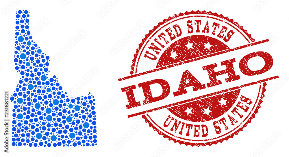 Compositions of blue map of Idaho State and red grunge stamp seal ...