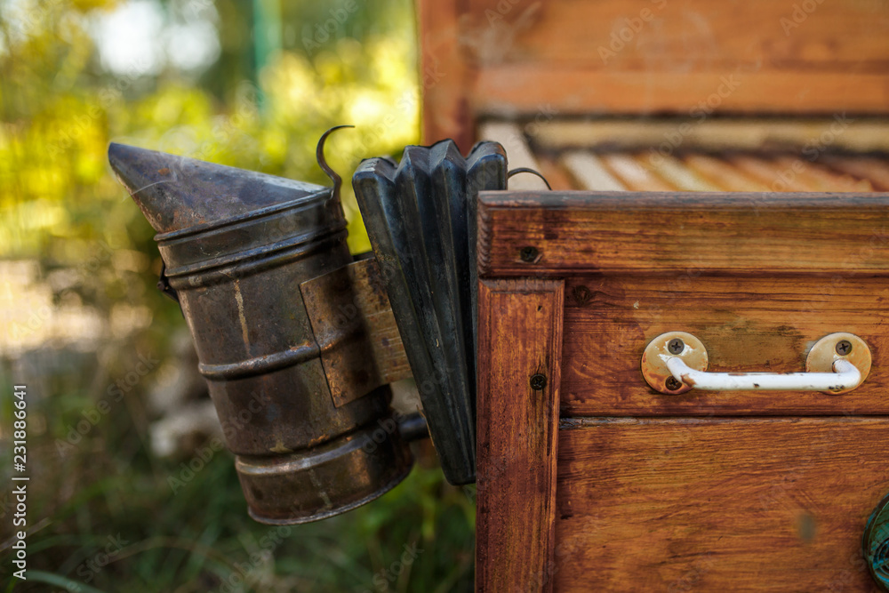 Bee smoker installed on wooden behive.Technology of fumigation of bees ...