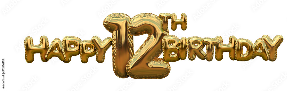 Happy 12th birthday gold foil balloon greeting background. 3D Rendering ...
