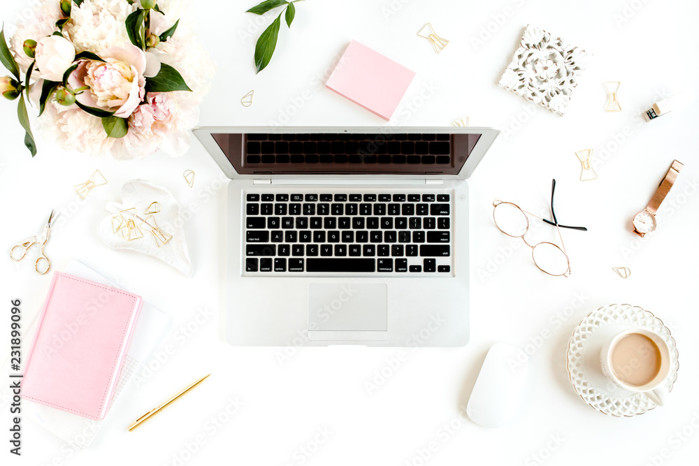 Flat lay women's office desk. Female workspace with laptop, pink ...