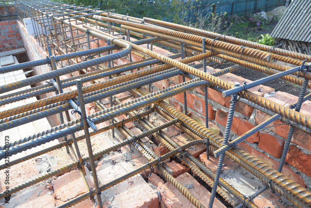 Reinforcement corner concrete bars with wire rod. Brickwork with iron ...