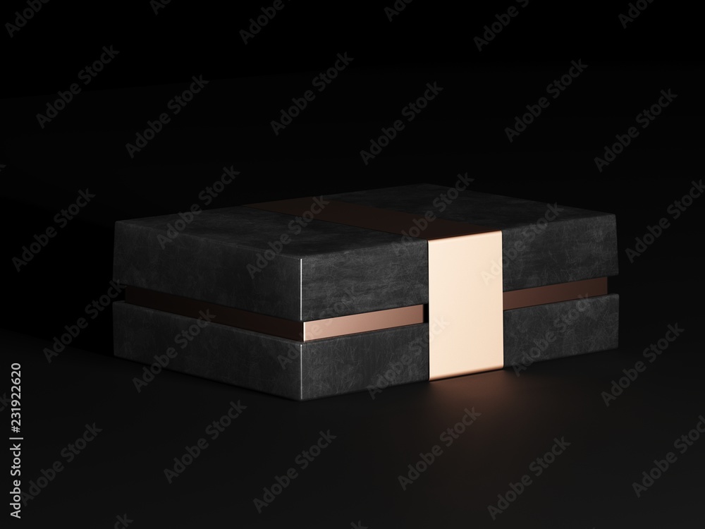 Black box mock up. Blank flat black paper cardboard box with golden ...