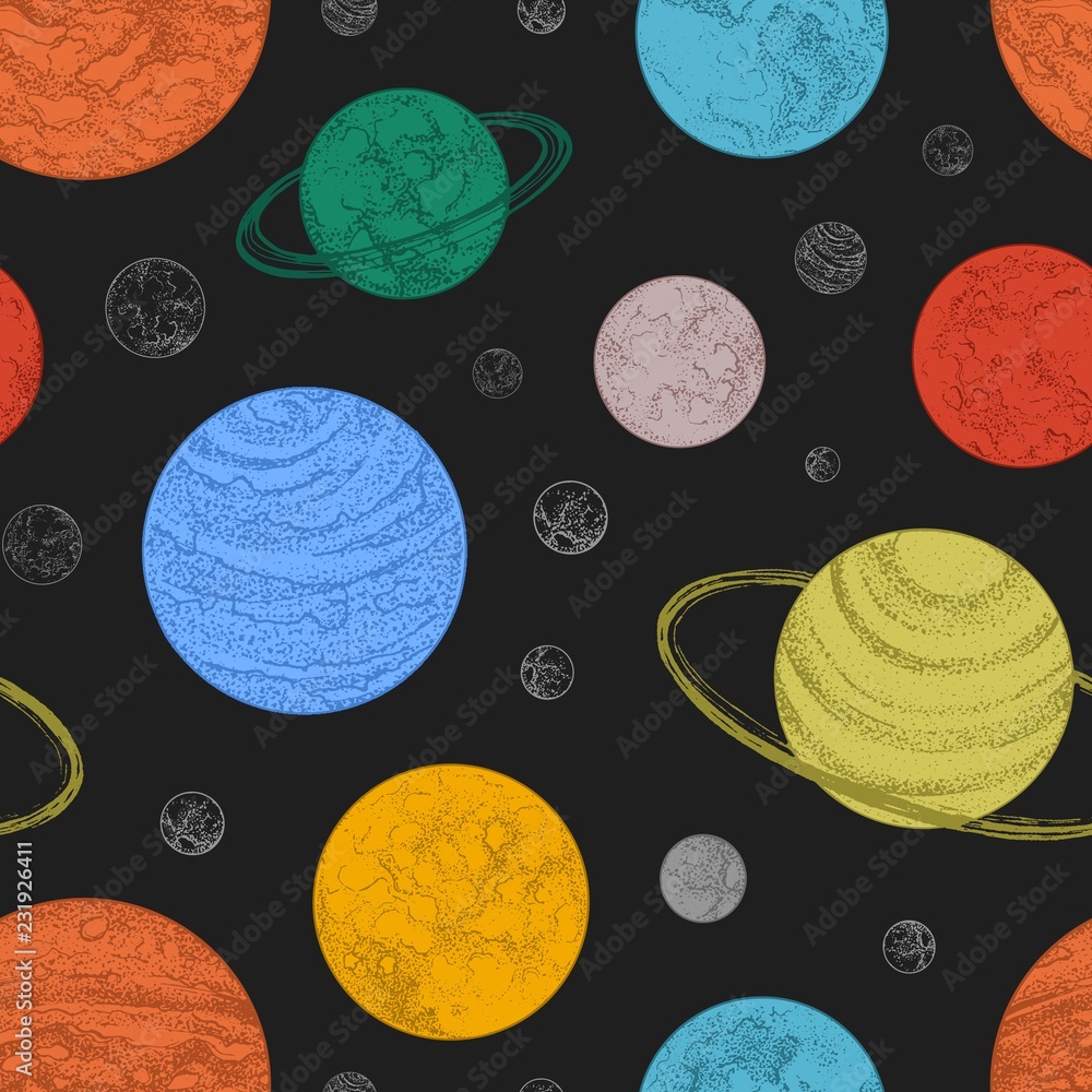 Seamless pattern with planets and other celestial bodies in outer space ...