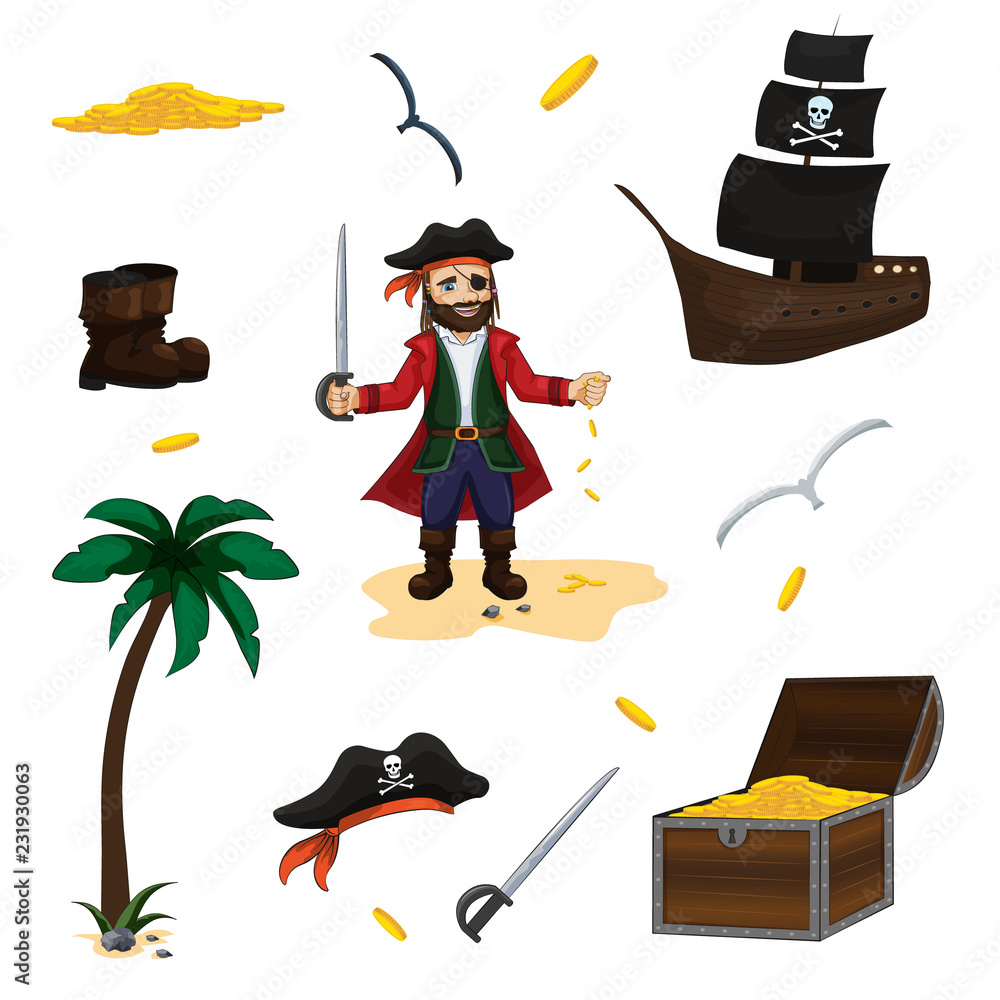 A cartoon vector illustration of pirate adventure theme set. Included ...