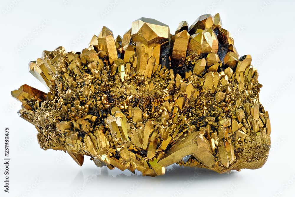 Quartz Gold Titanium Aura crystal cluster on white background Stock ...