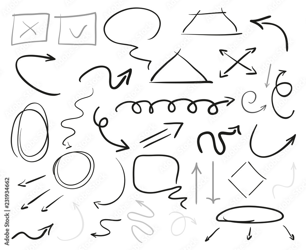 Abstract arrows. Linear shapes on white. Chaos patterns. Scribble sketches. Different tangled ...