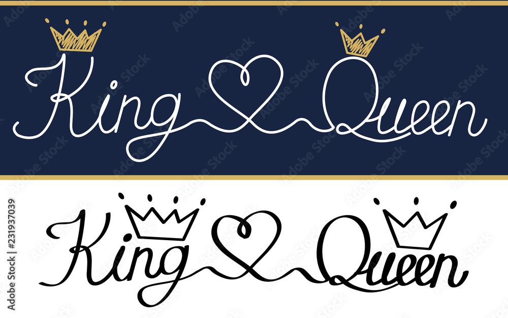 Queen and king. Black text logo royal crown and tiara. Doodle ...