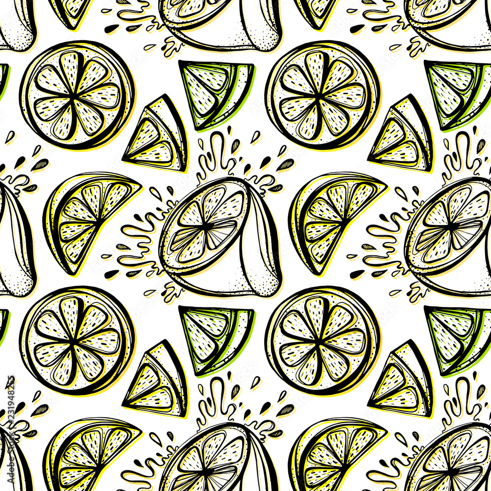 Seamless pattern of stylized hand drawn lemons and water splashes ...