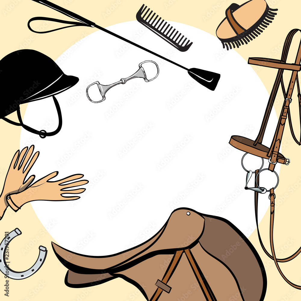 Equestrian horse sport flat lay and free copy space. Belt frame riding ...