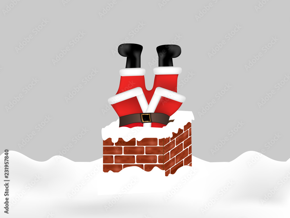 Santa Claus stuck in the chimney upside down. Christmas background ...