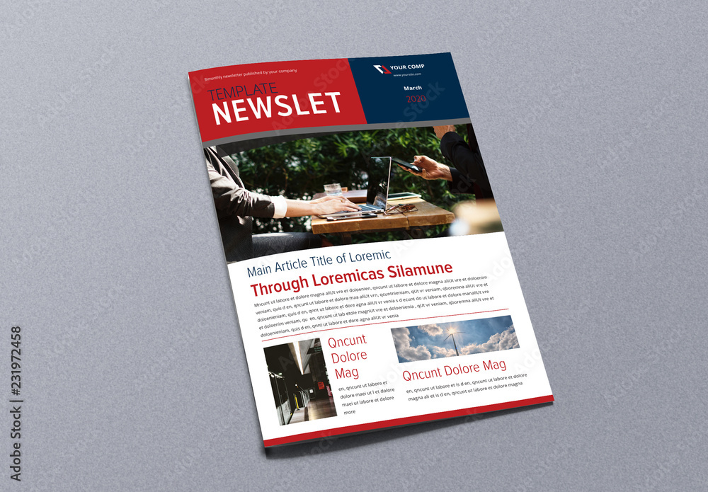 Newsletter Layout with Blue and Red Accents Stock Template | Adobe Stock
