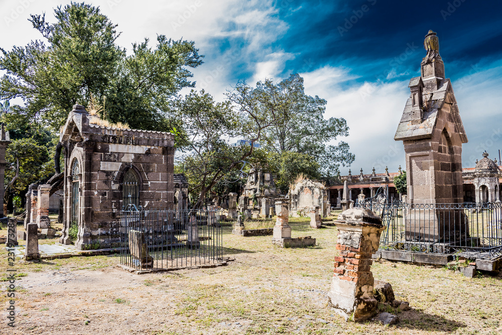 Tombs among dry land in the cemetery of Belen, green trees with an ...