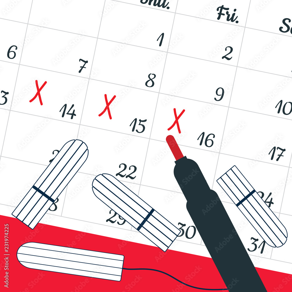 A calendar with the menstrual days marks and menstrual tampons. Vector ...