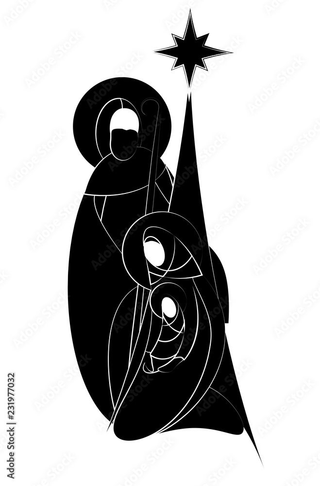 Christmas nativity scene - Joseph Mary and baby Jesus. Vector black and ...