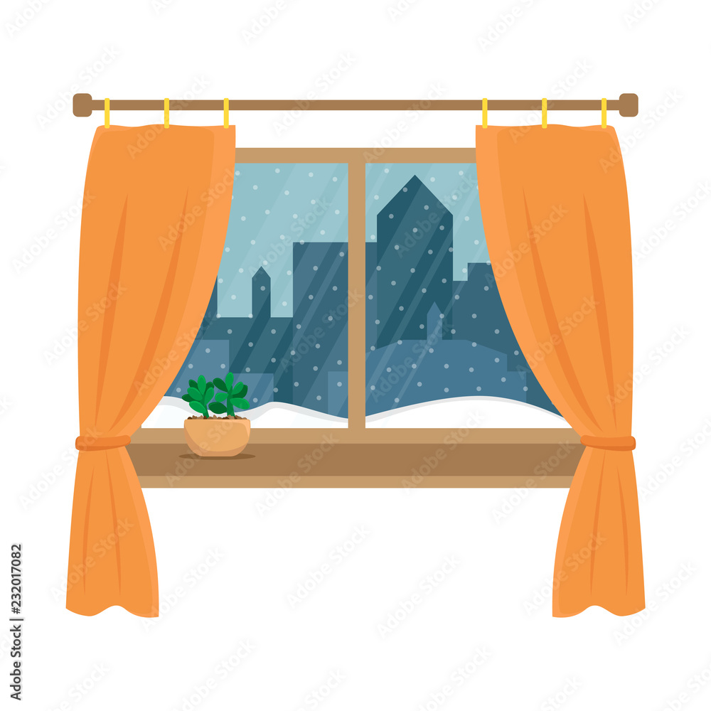 Window overlooking the snow in the night city. Winter window. Flat ...