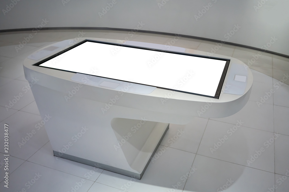 Digital screen on curve information counter in museum Stock Photo ...