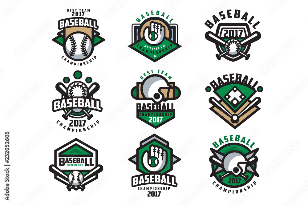 Collection of colorful baseball logos. Labels with balls, gloves, bats ...