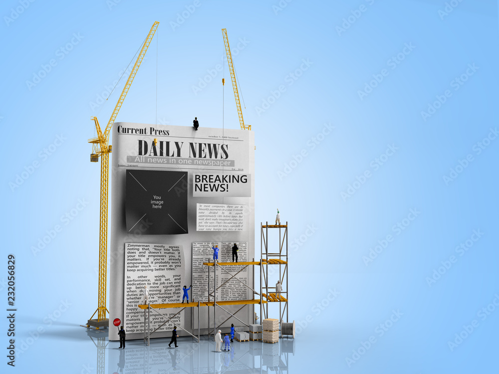 news building concept builders stick newspaper columns on a blank ...