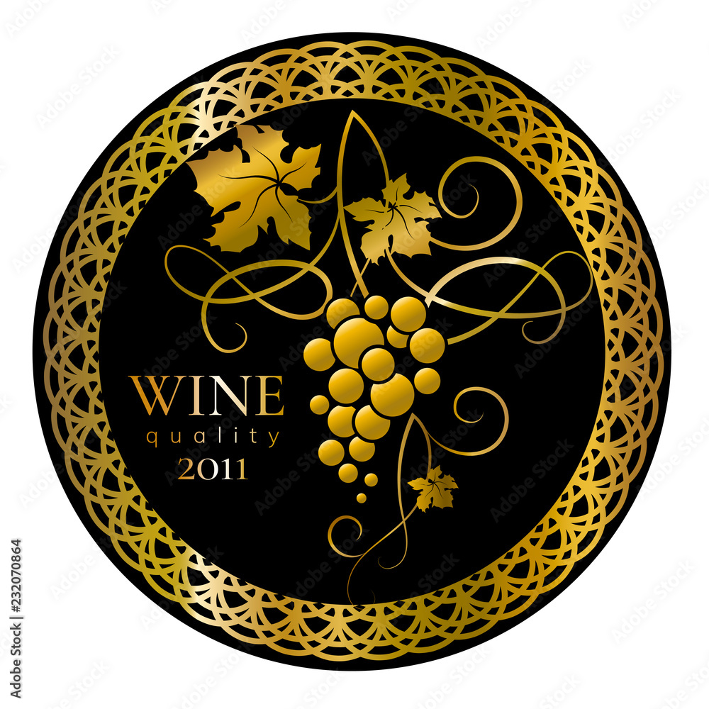 Black and gold wine sticker on the bottle. Design of the wine label ...