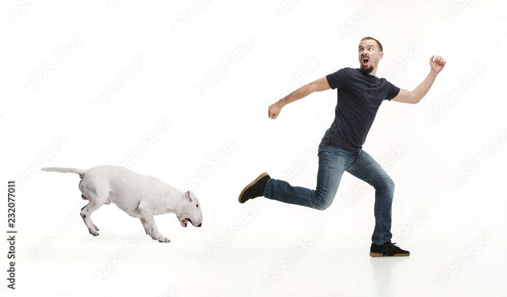 Emotional Portrait of scared man and his dog, concept of friendship and ...