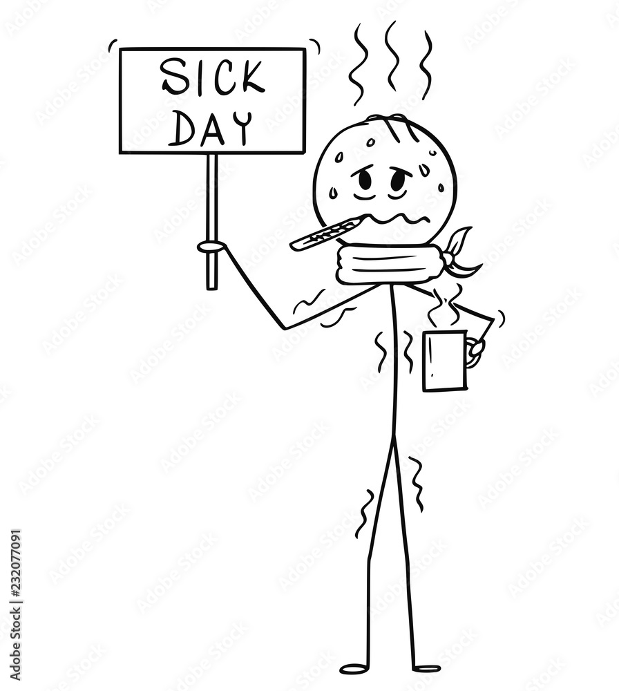 Cartoon stick drawing conceptual illustration of ill man or businessman ...