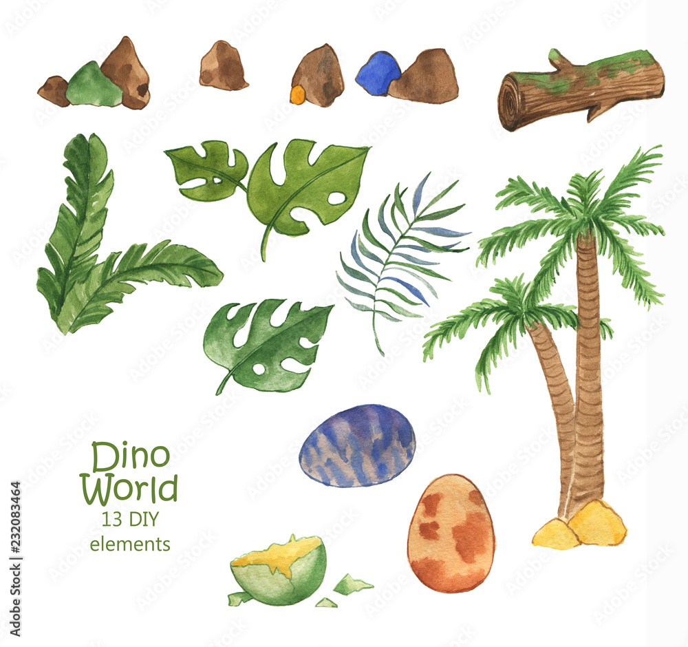 Hand drawn watercolor collection of dino world elements: Grass, leaf ...