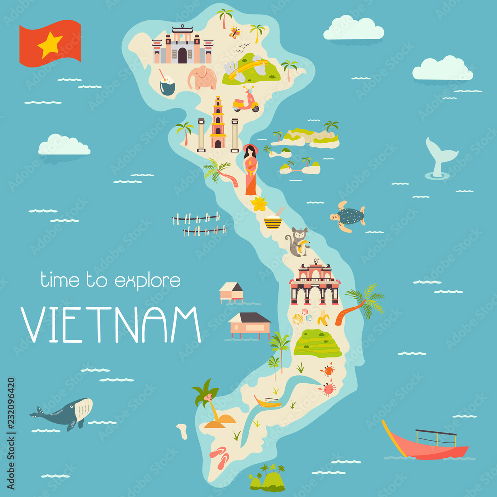 Vietnam cartoon map with destinations. elements Stock Vector | Adobe Stock Vietnam cartoon map with destinations. elements Stock Vector | Adobe Stock