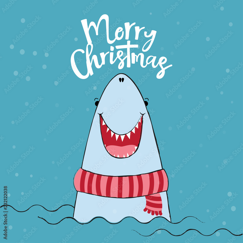 Merry Christmas - funny vector quotes and shark drawing. Hand drawn ...
