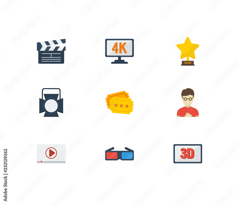 Cinema icons set. Play video and cinema icons with theater spotlight ...