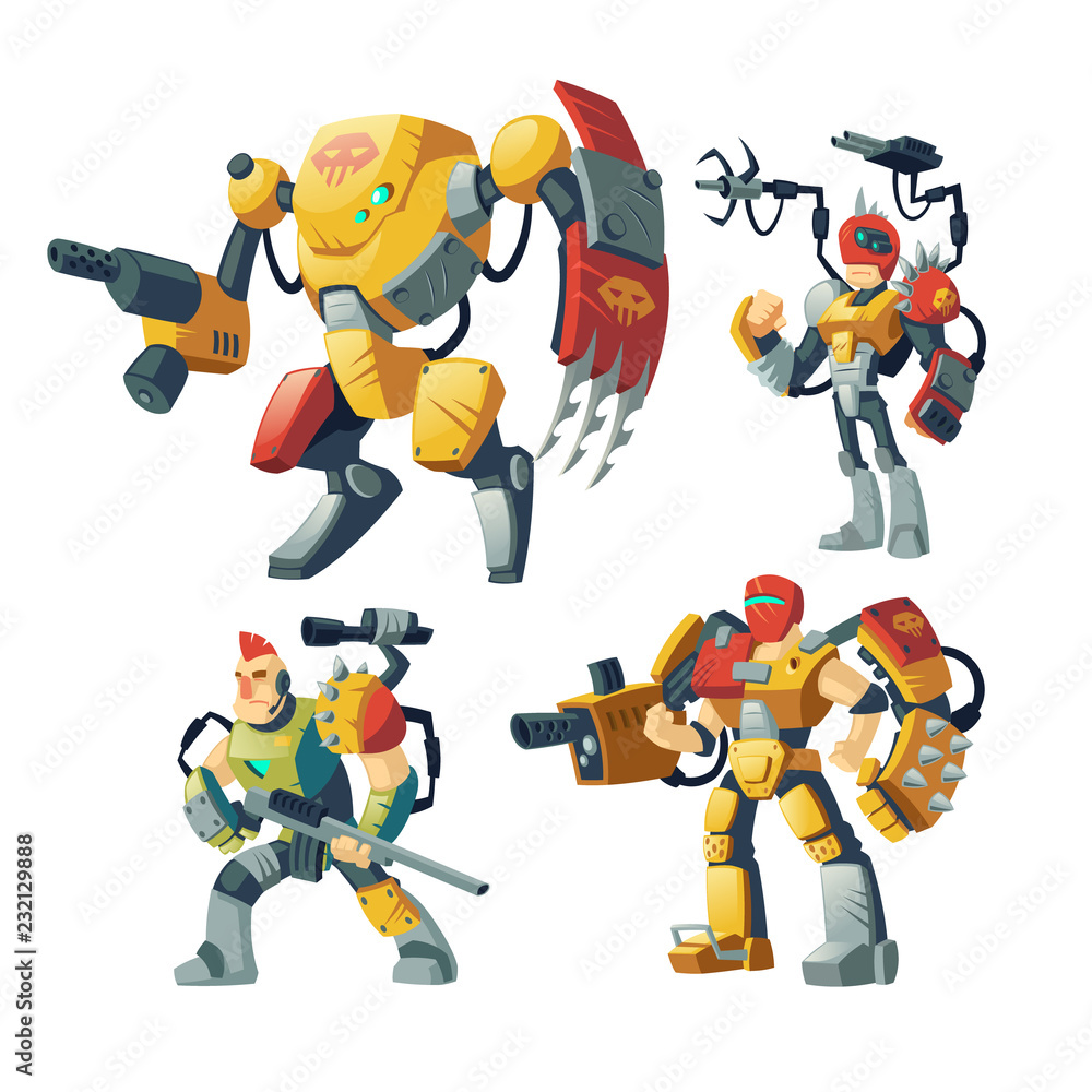 Vector cartoon robot guards, human in exoskeleton armor. Battle ...