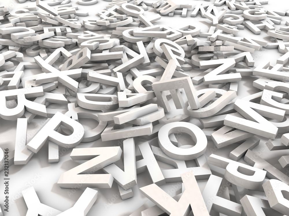 A jumbled pile of 3D illustrated white uppercase letters over a white ...