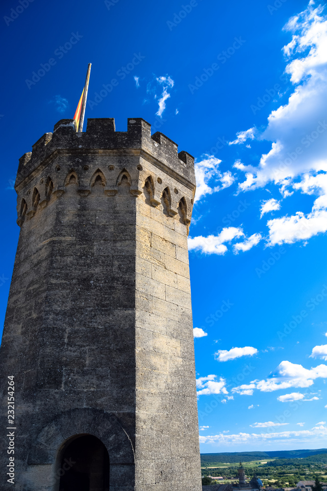 Tower of the Duchal Palace in the medieval village of Uzes in the Gard ...