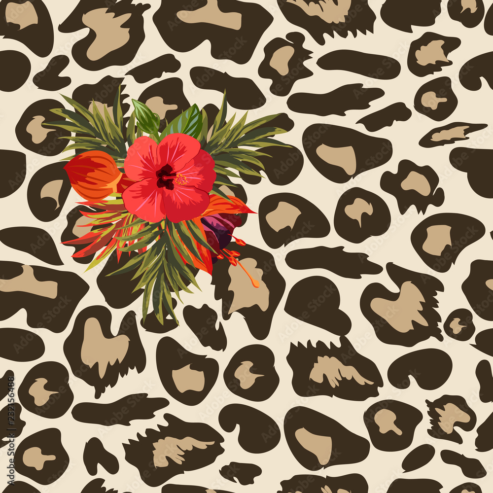 Seamless pattern with leopard print and hibiscus flowers. Vector ...