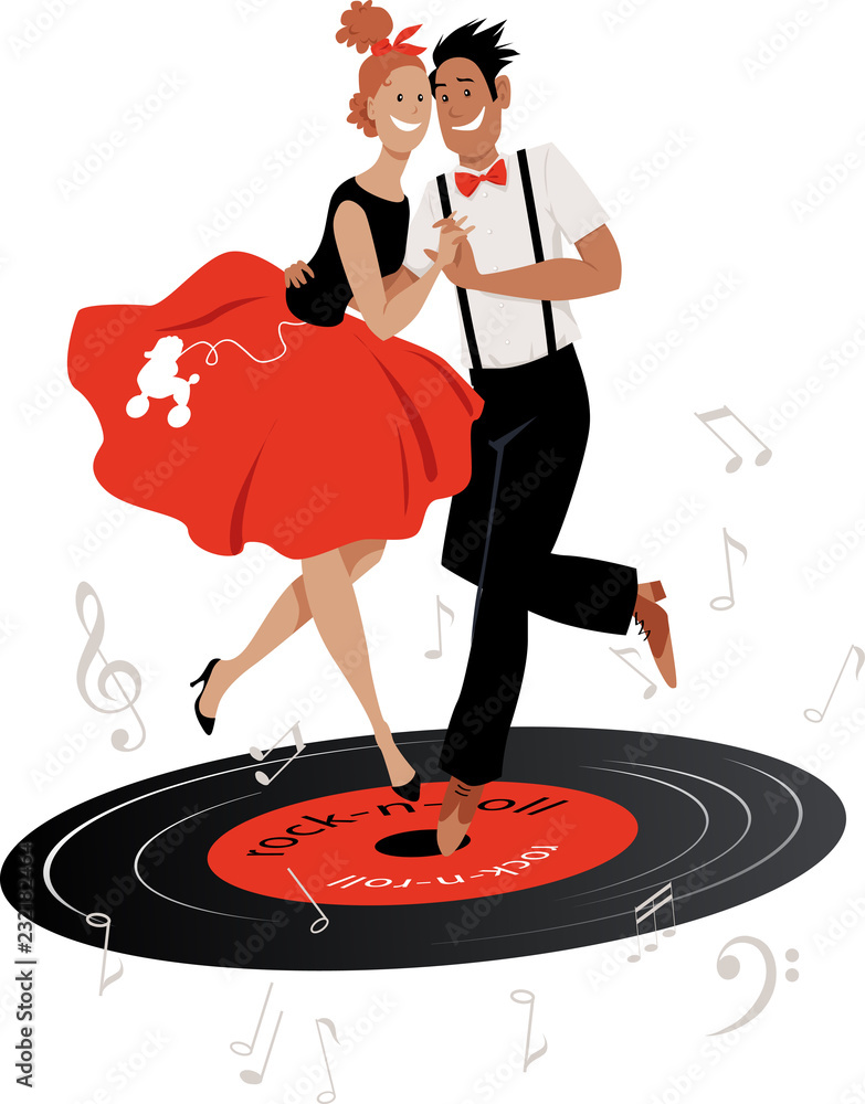Cartoon couple in vintage clothing dancing rock-and-roll on a vinyl ...