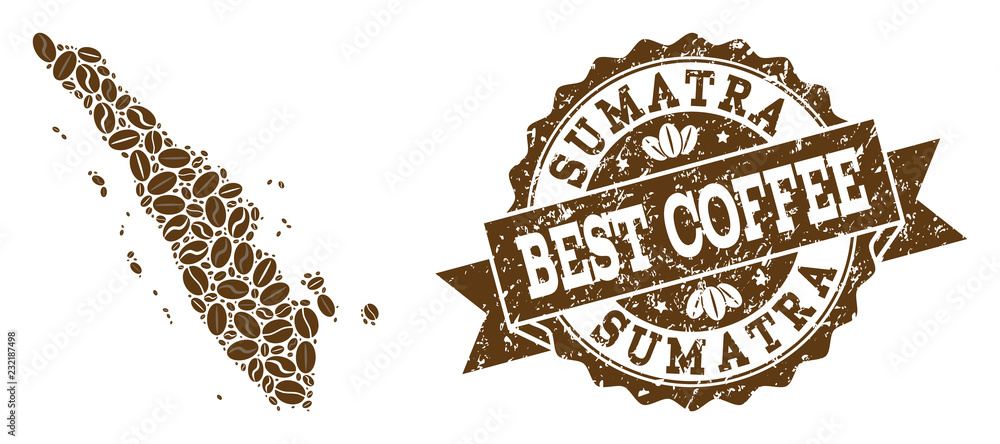 Compositions of coffee map of Sumatra Island and grunge stamp seal ...