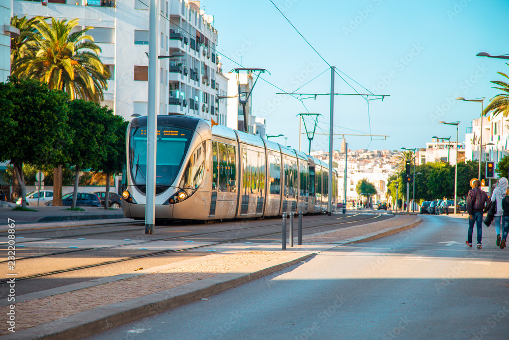 Modern French built tram in the centre of Rabat. The Rabat-Sale tramway ...