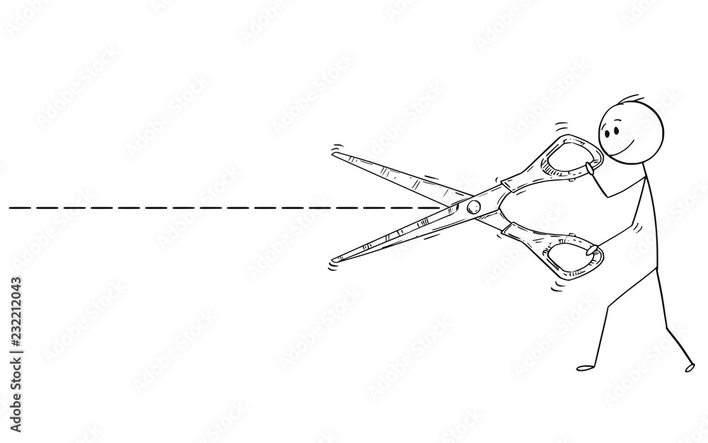 Cartoon stick drawing conceptual illustration of cut line and man or ...