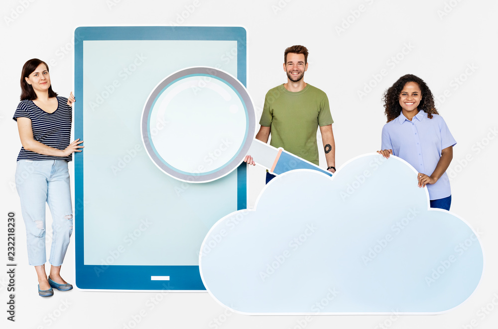 People with paper cutouts of magnifying glass, tablet, and cloud symbol ...