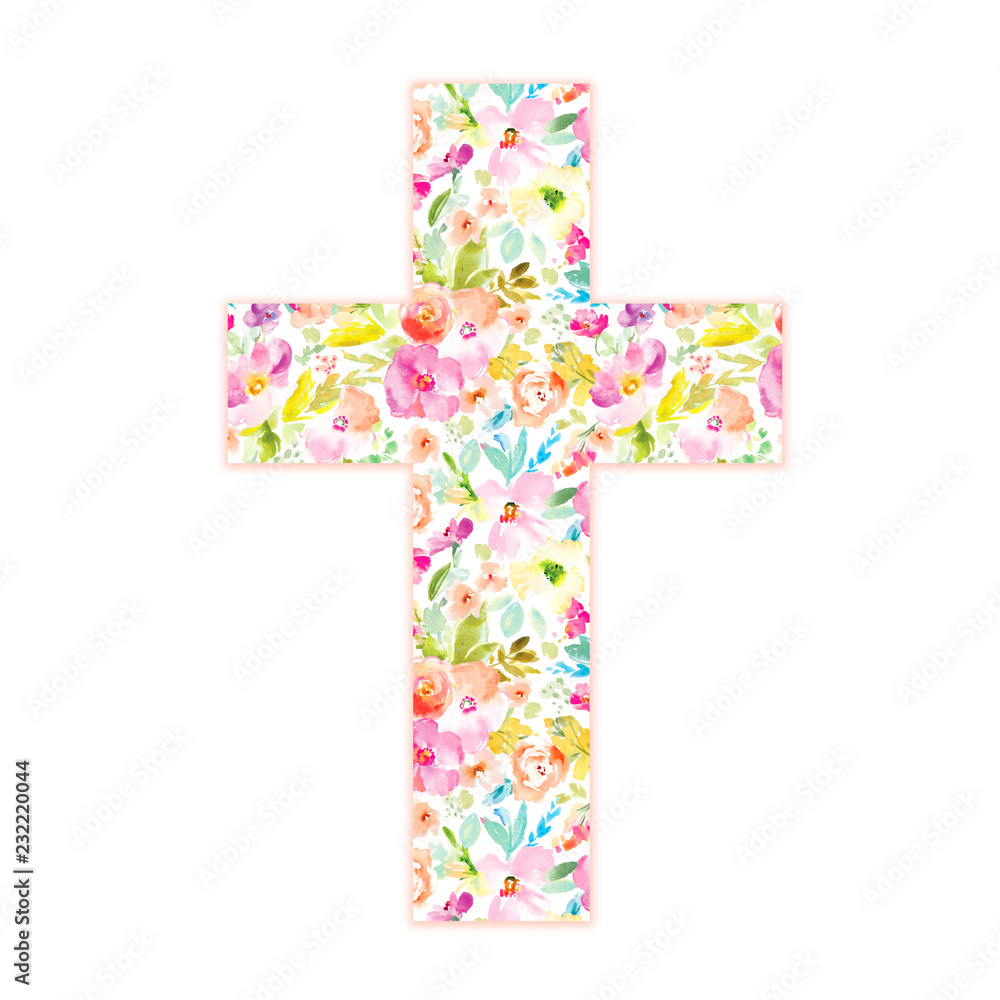 Watercolor Floral Cross for Easter, Religious Baptism Stock ...