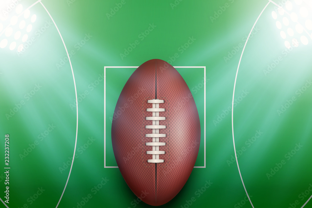 Background of Australian football stadium with ball in the spotlight ...