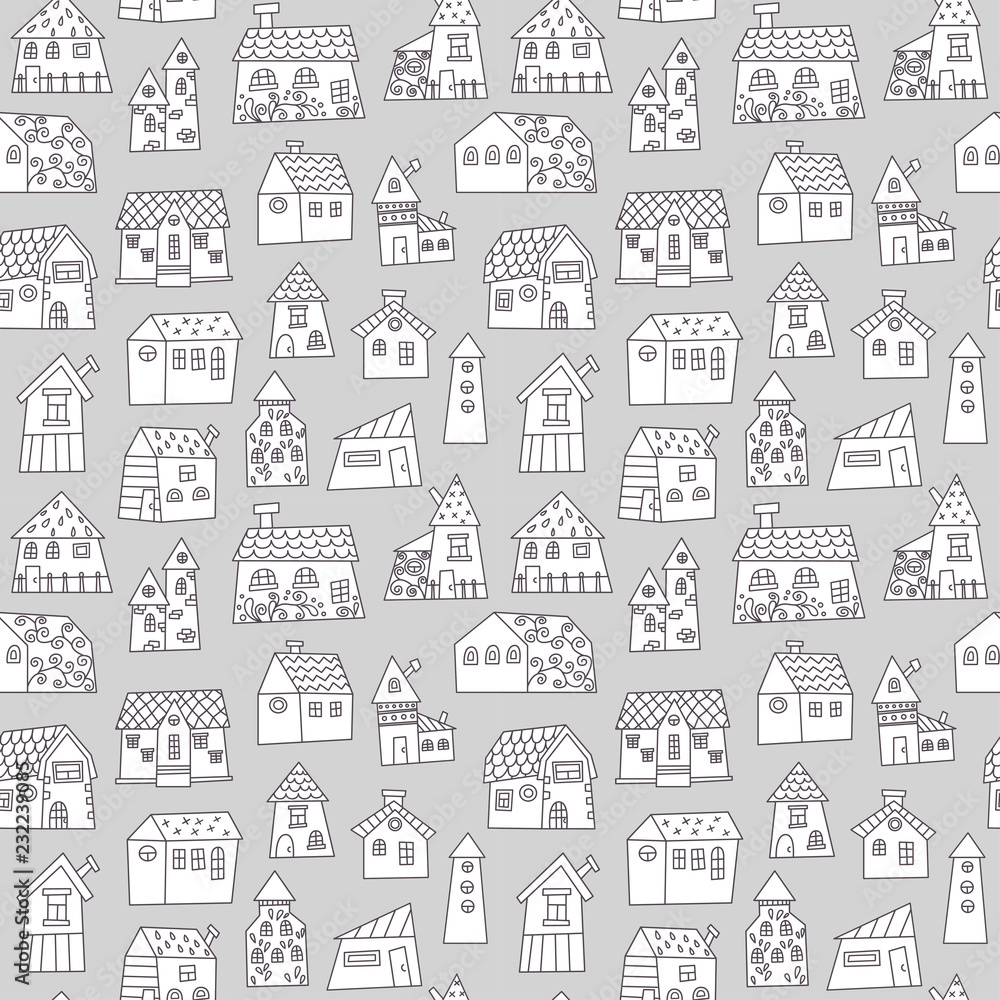 Doodle hand drawn town seamless pattern. Black and white abstract ...